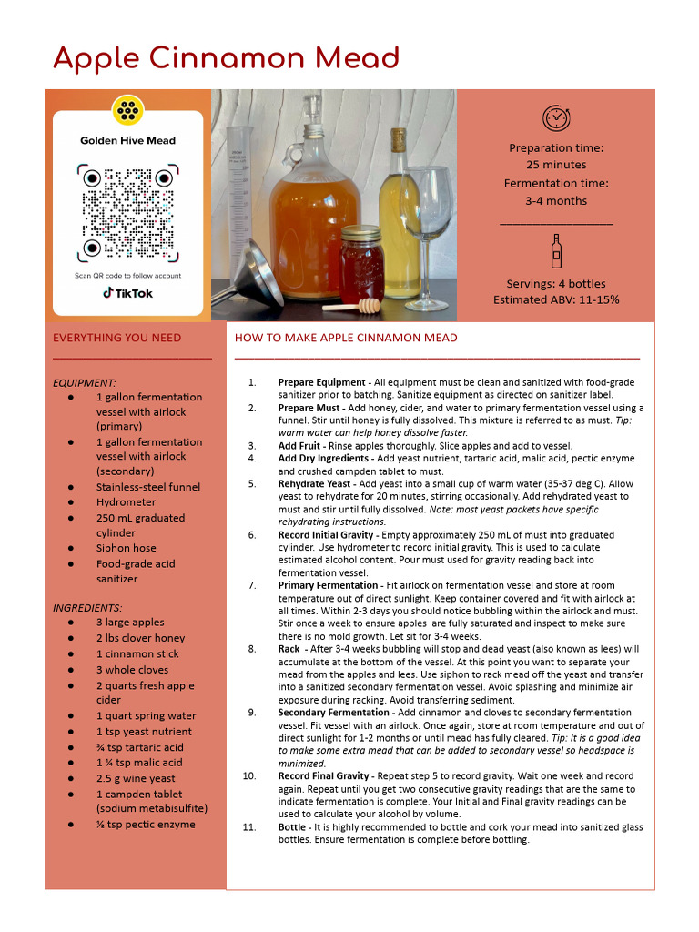 Apple Cinnamon Mead Recipe | PDF | Alcoholic Drinks | Fermented Drinks