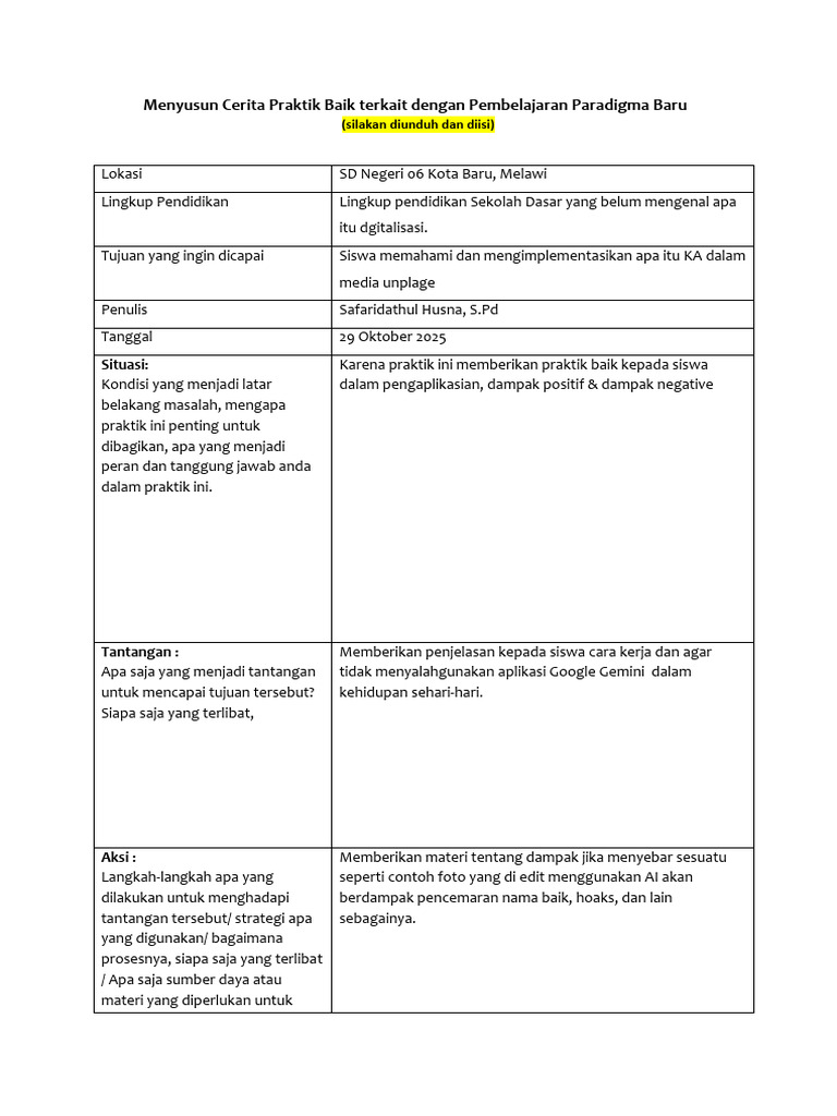 Lembar Menyusun Kerangka Cerita Praktik Baik | PDF