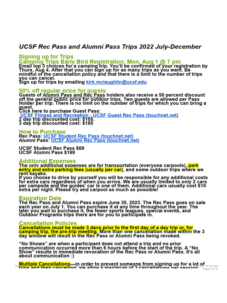 UCSF Rec Pass Alumni Trip Details 2022 | PDF | Camping | Campsite