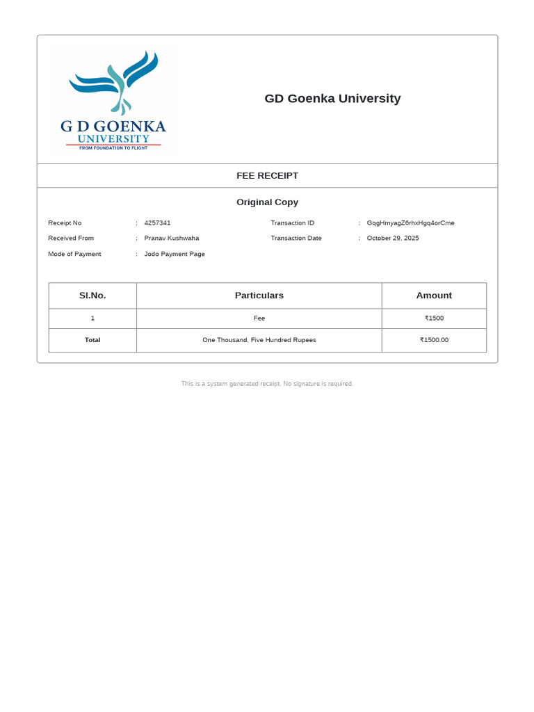GD Goenka University Fee Receipt | PDF
