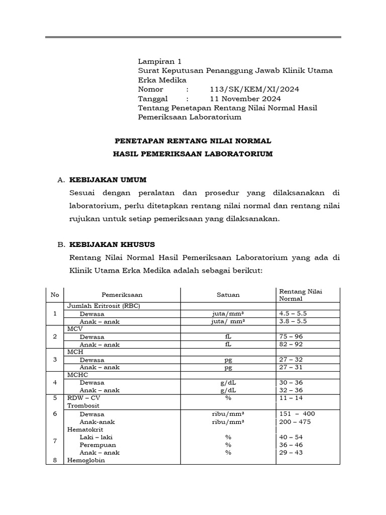 Rentang Nilai Normal Laboratorium Erka Medika | PDF