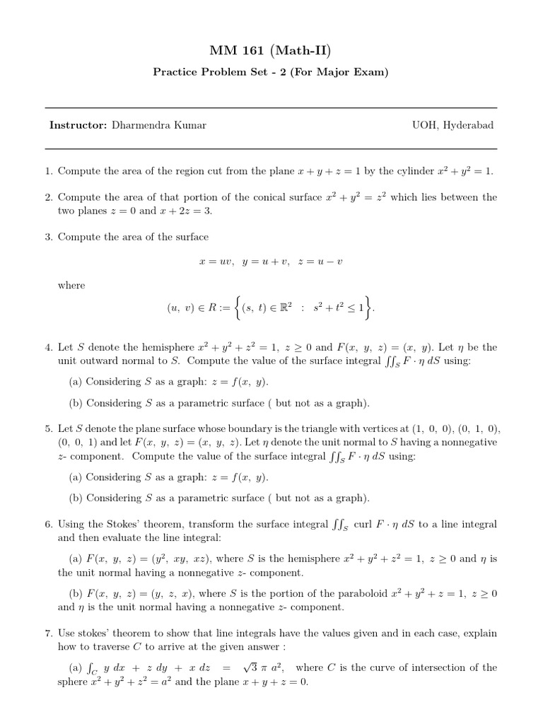Major Exam Math-II Practice Problems | PDF | Area | Sphere