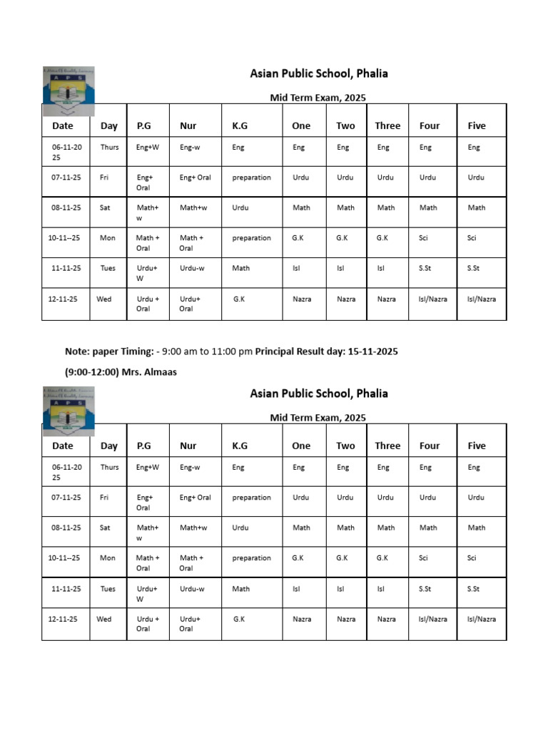 Asian Public School Mid Term Exam Schedule 2025 | PDF