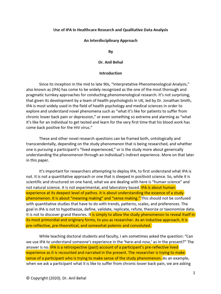 Use of IPA in Healthcare Research and Qualitative Data Analysis | PDF | Phenomenology ...