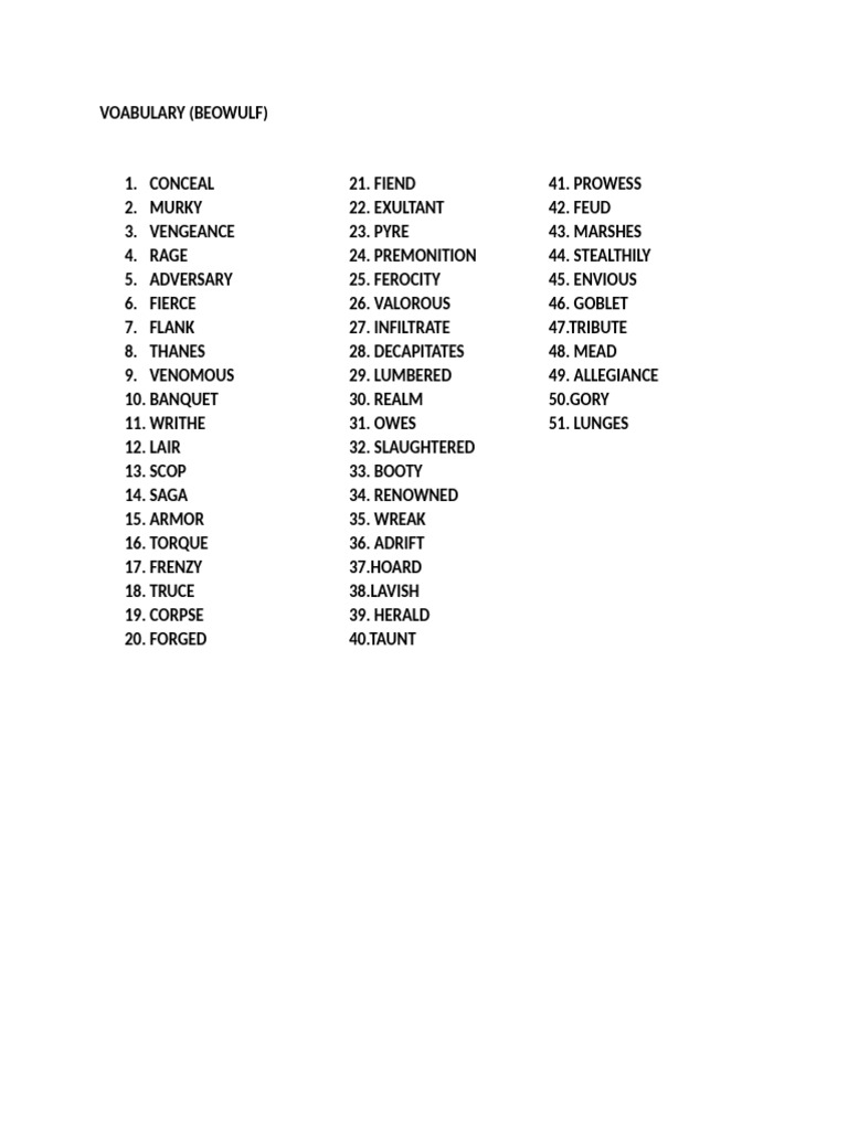 Voabulary Words For Beowulf | PDF
