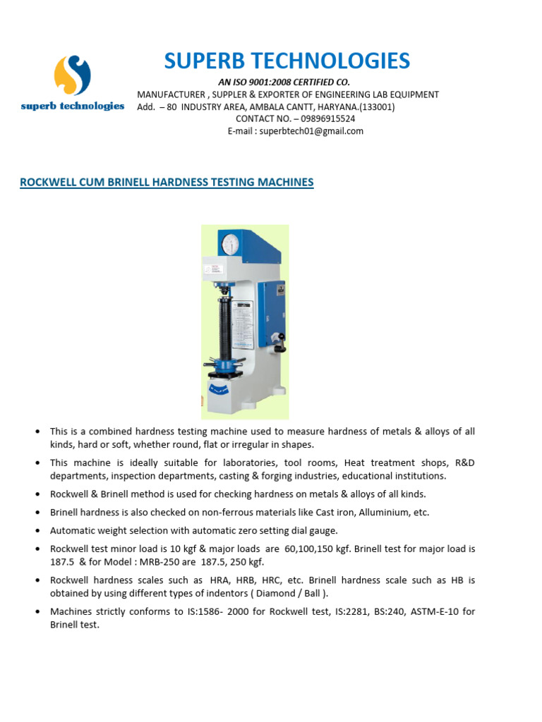 Rockwell Brinell Hardness Testing Machine | PDF | Hardness | Physical ...
