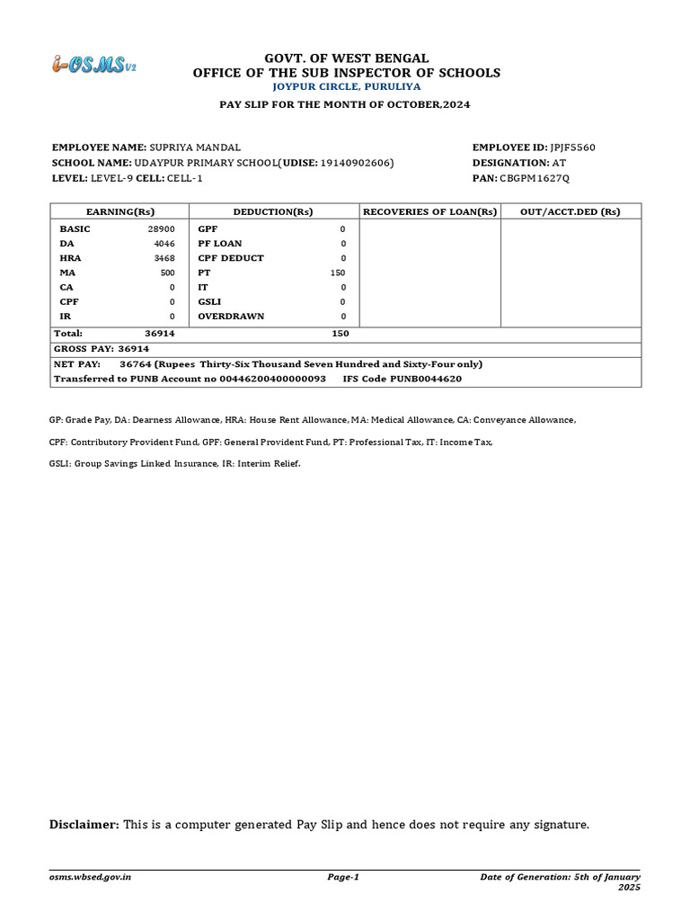 October 2024 Pay Slip for Supriya Mandal | PDF