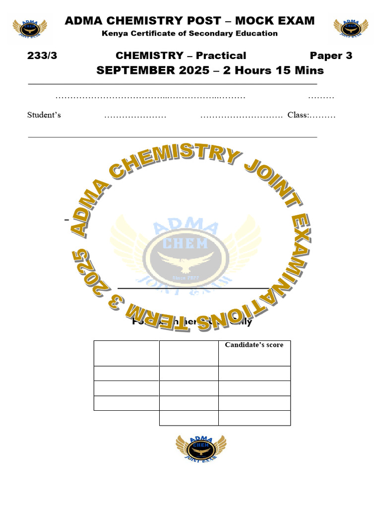 ADMA Chemistry Mock Exam 2025 | PDF | Titration | Chemistry