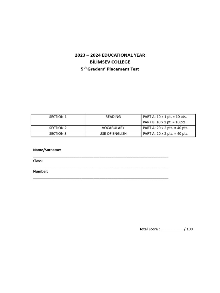 5th Grade Placement Test 2023-2024 | PDF