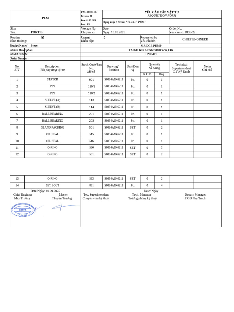 22.PAC-10!02!06 Yêu Cầu Cấp Vật Tư-Requisition Form DDE22- SLUDGE PUMP ...