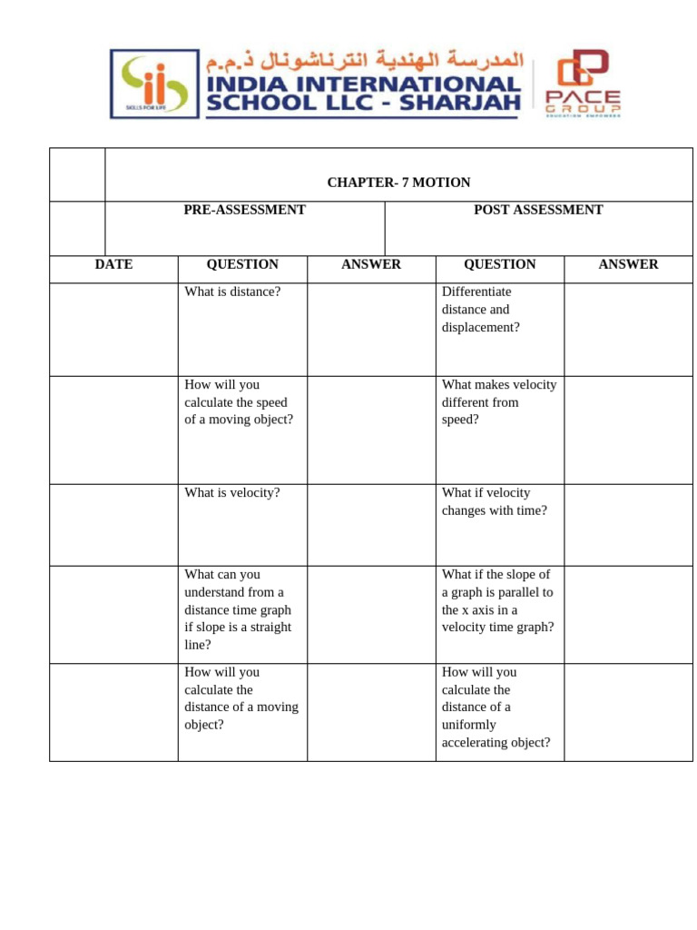 Pre and Post Assessment - Motion | PDF