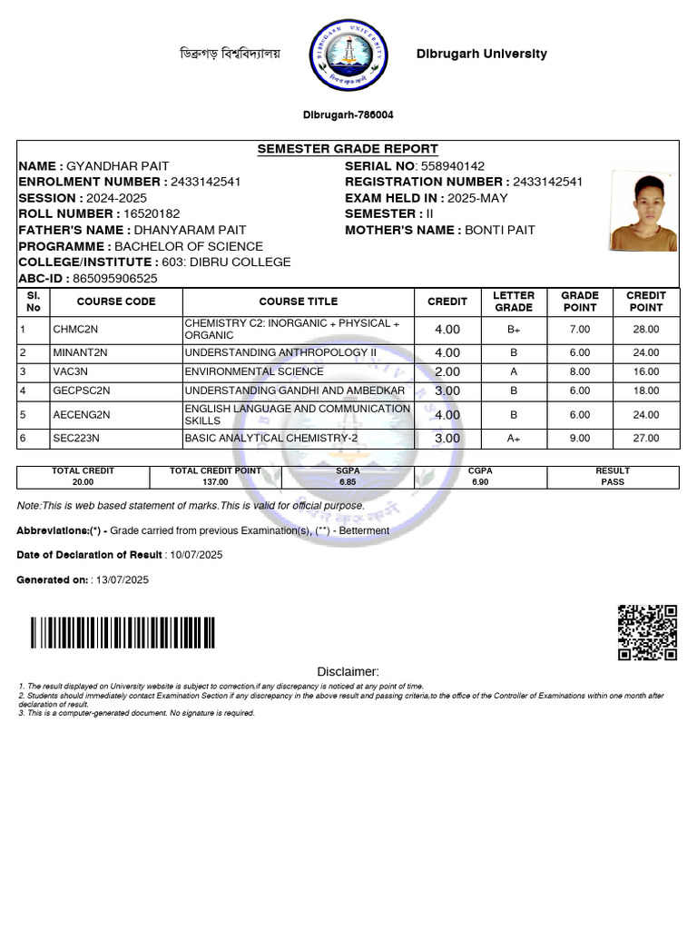 Bachelor of Science YearSession 2024-2025-MAY REGULAR Term 2 Grade Card ...