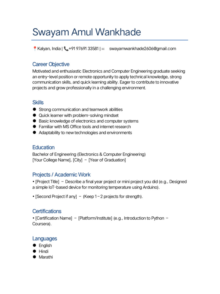 Swayam Wankhade Resume | PDF