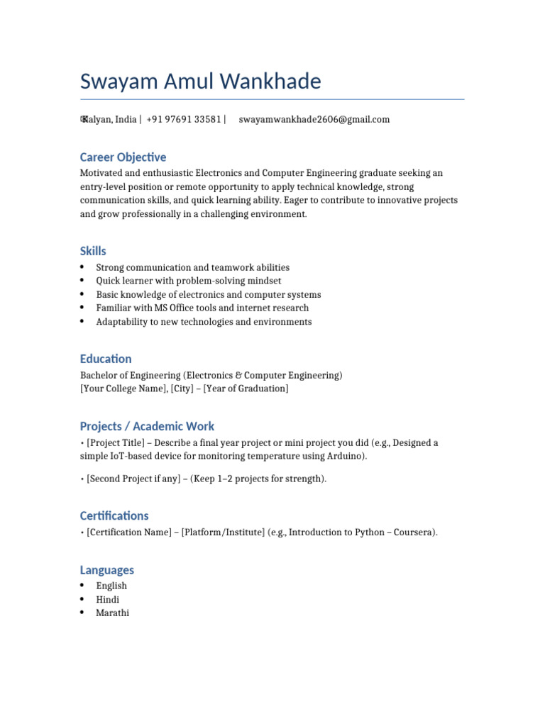 Swayam Wankhade Resume | PDF