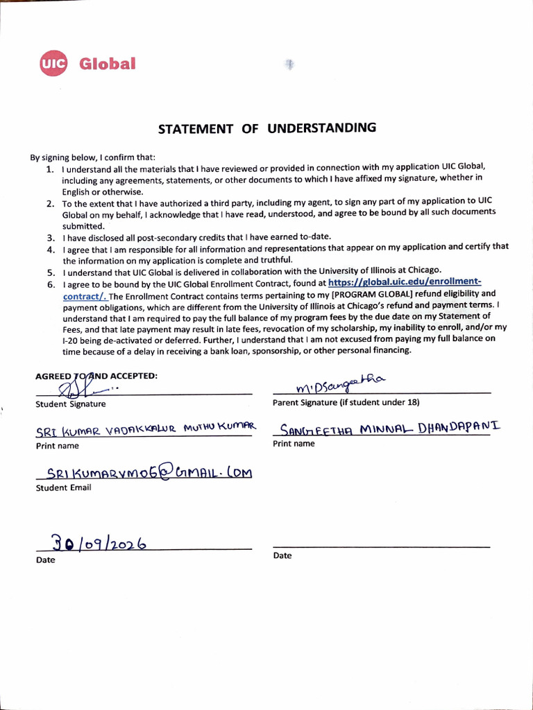 UIC Global Enrollment Understanding Statement | PDF
