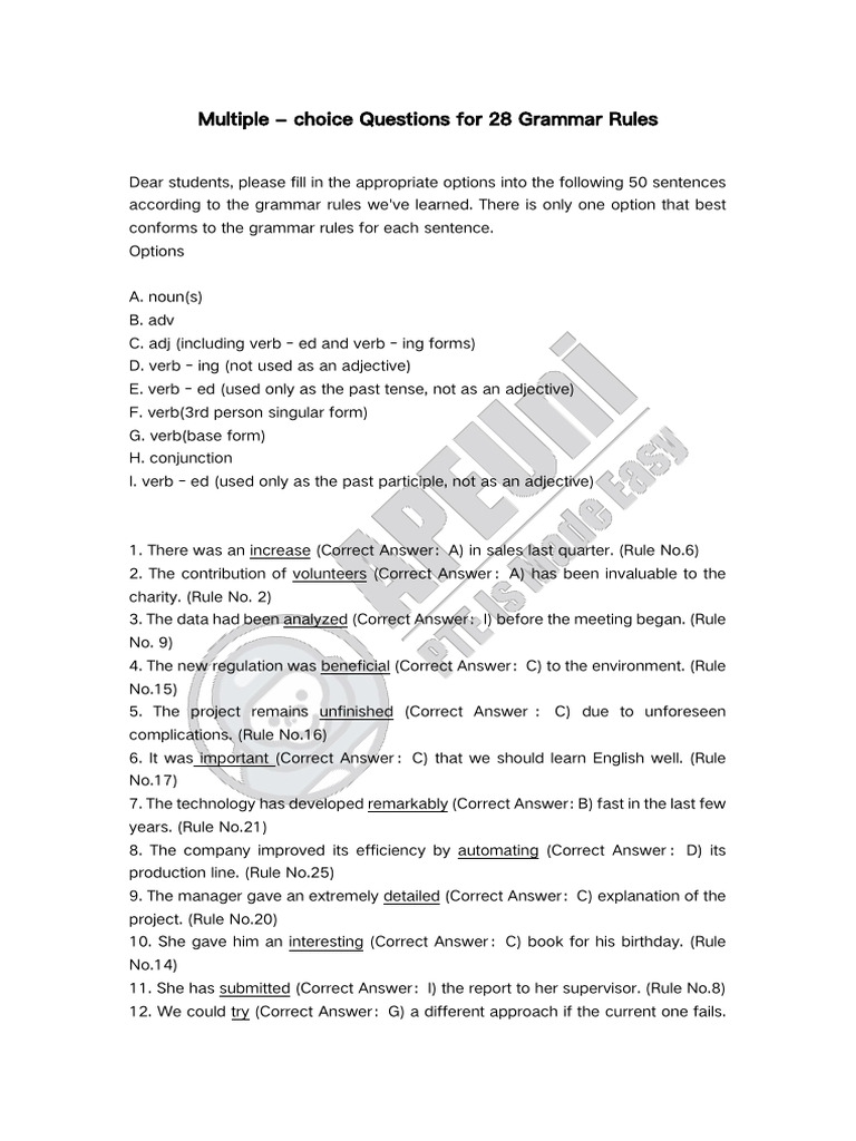 28 Grammar Rule Homework Answer | PDF | Verb | Adjective