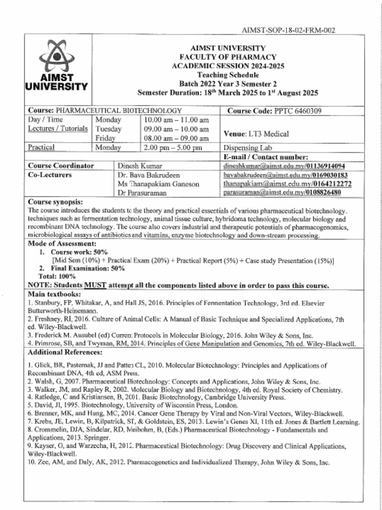 Teaching Schedule Pharm Biotechnology - March 2025 | PDF