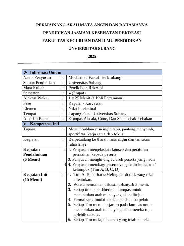 Permainan 8 Arah Mata Angin Rekreasi Fascal | PDF
