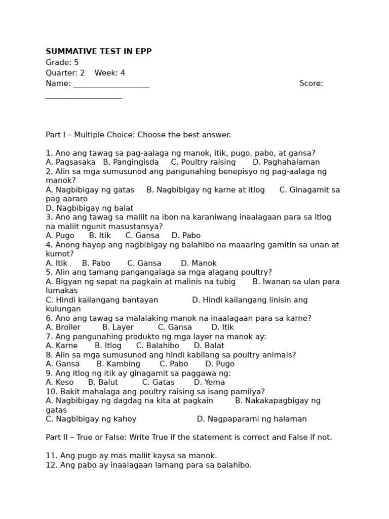 Summative Test in Epp 5 w4 | PDF