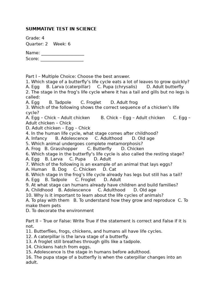 Grade 4 Science Life Cycle Test | PDF | Butterfly | Pupa