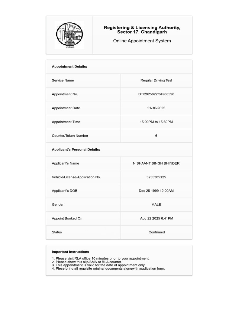 Driving Test Appointment Confirmation | PDF
