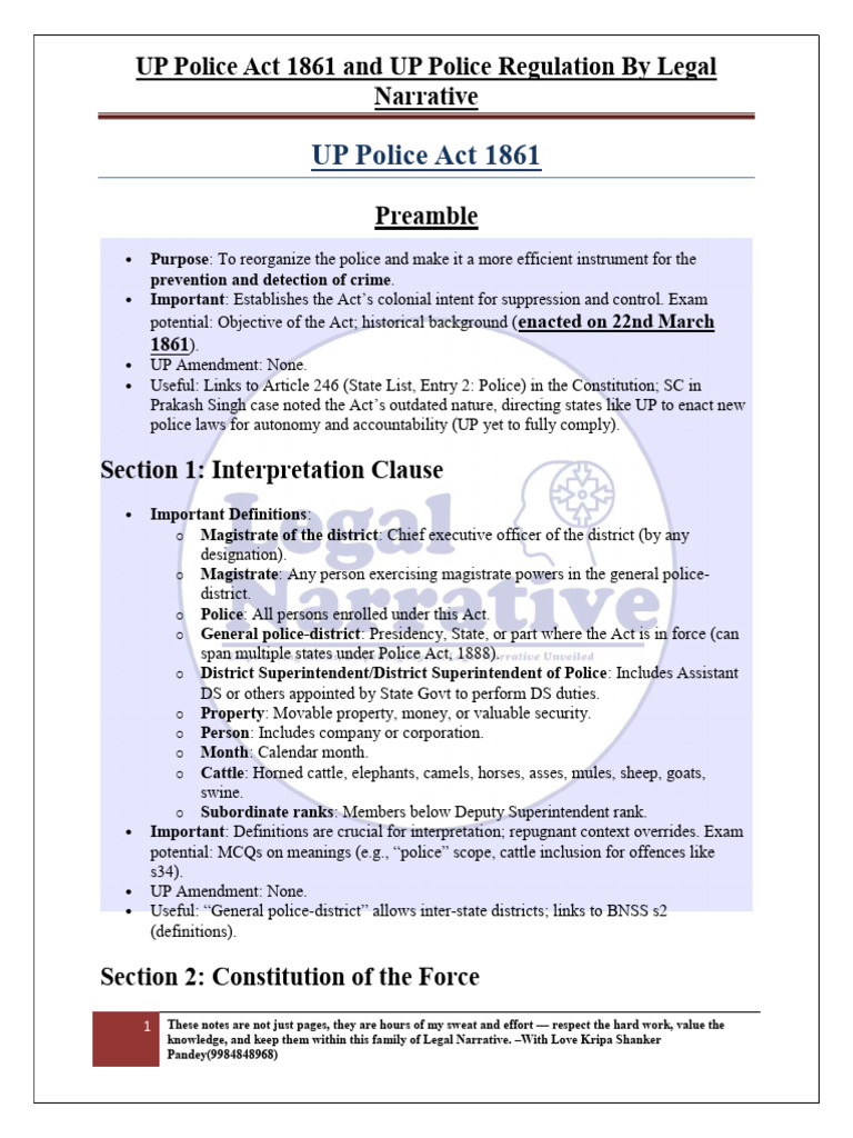 UP Police Act 1861 Overview and Insights | PDF | Arrest | Police