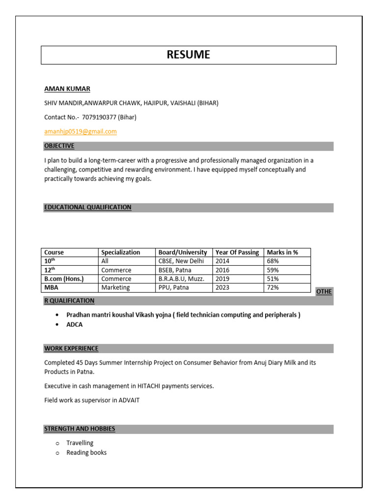 Aman Kumar Resume - MBA Graduate | PDF