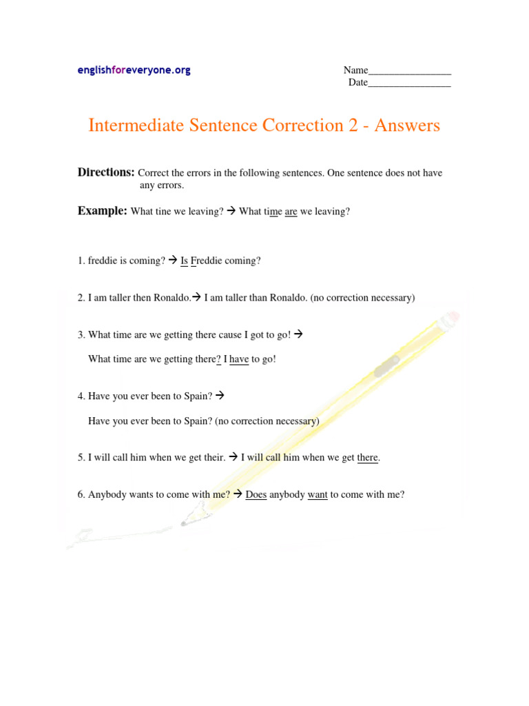 Intermediate Sentence Correction 2 - Answers | PDF