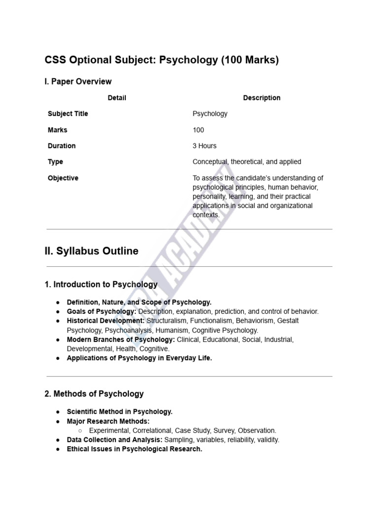 CSS Optional Subject - Psychology (100 Marks) | PDF | Psychology ...