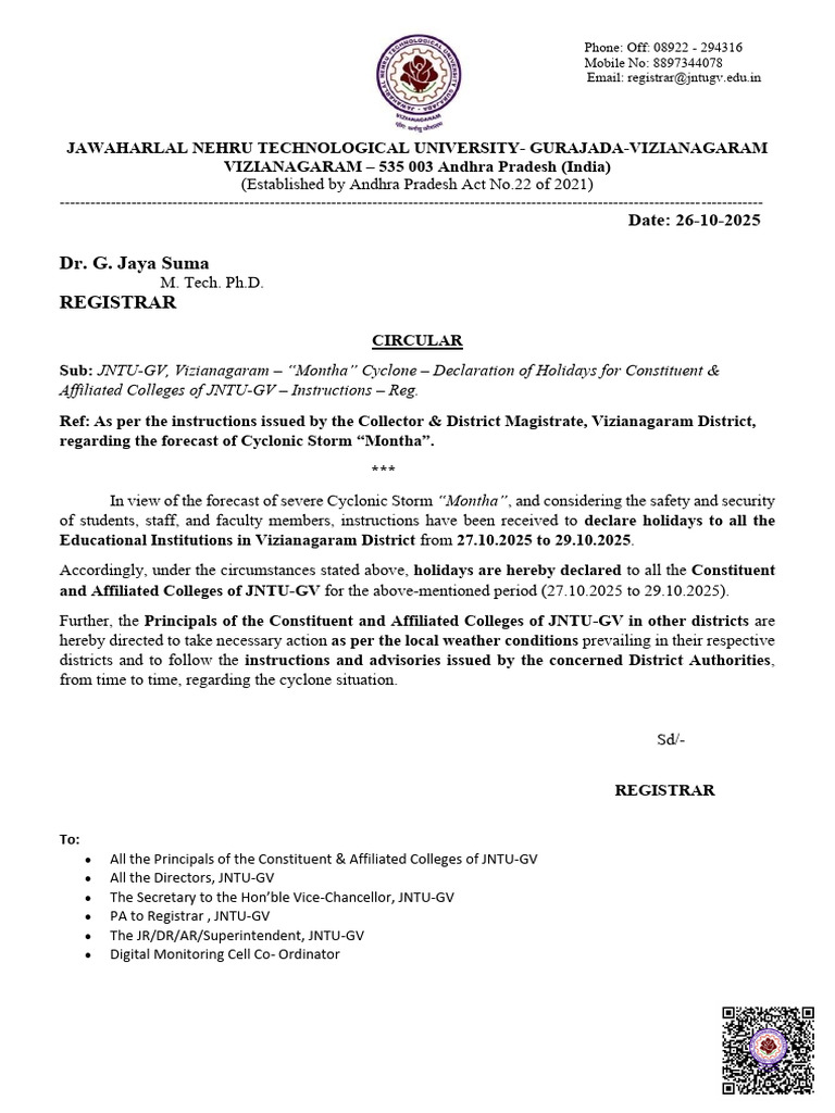 Circular - Montha Cyclone - Declaration of Holidays | PDF | Atmospheric ...
