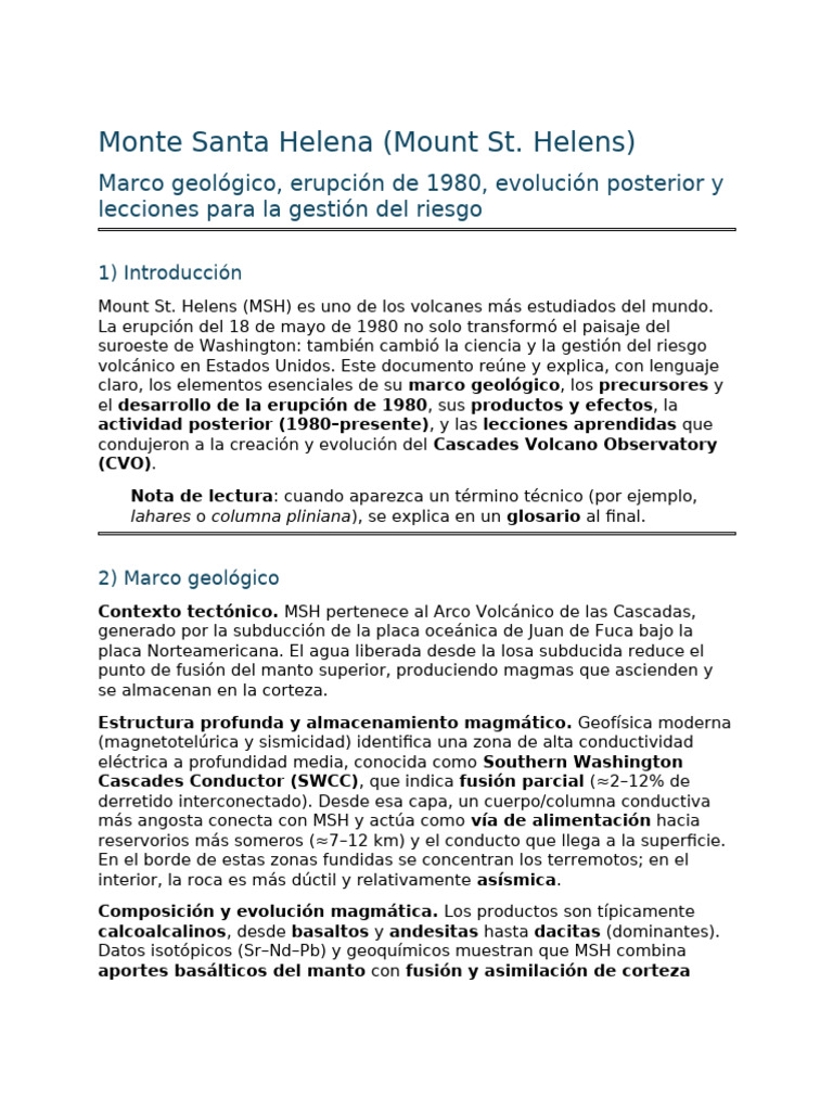 Erupción y gestión del Monte Santa Helena | PDF | Volcán | Ceniza volcánica