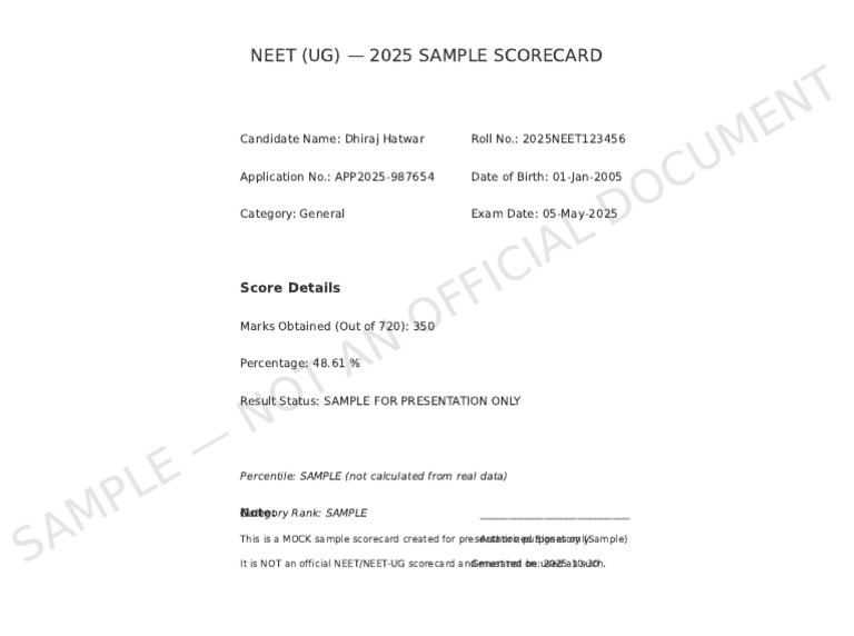 NEET UG 2025 Sample Scorecard | PDF