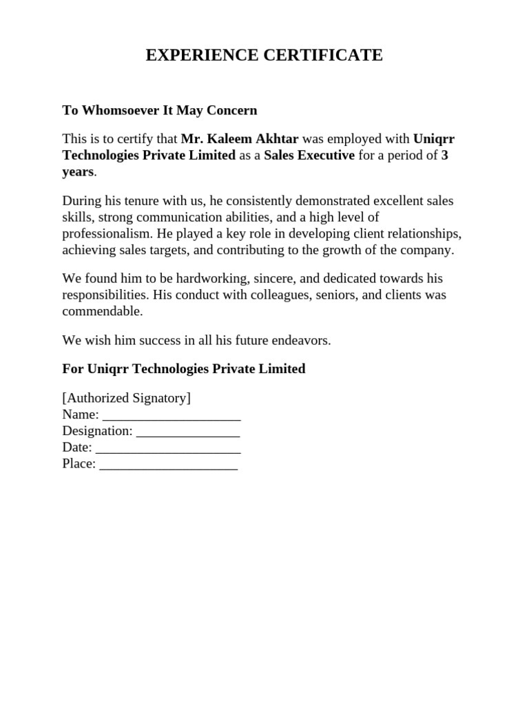 Experience Certificate for Sales Executive | PDF