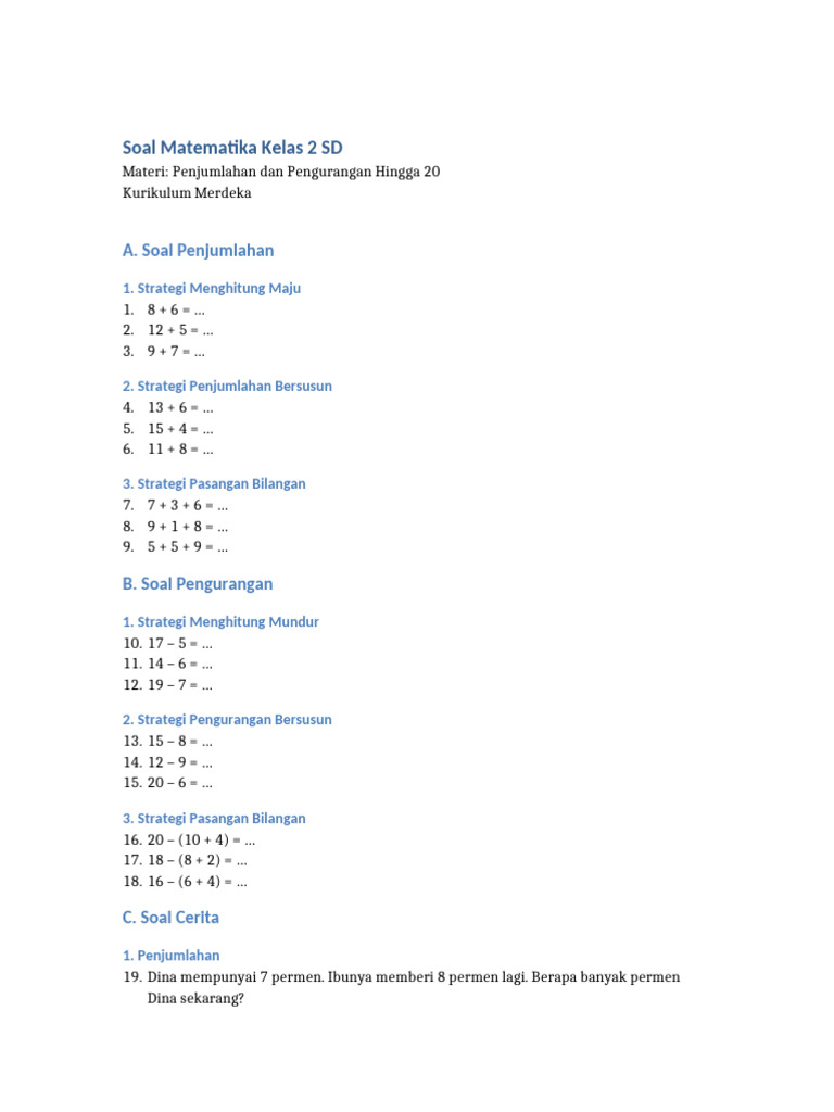 Soal Penjumlahan Pengurangan Kelas2 | PDF
