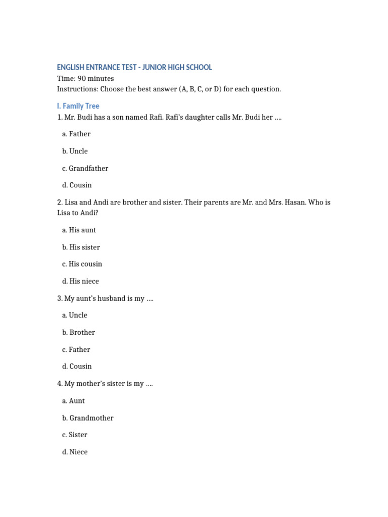 Junior High School English Entrance Test | PDF