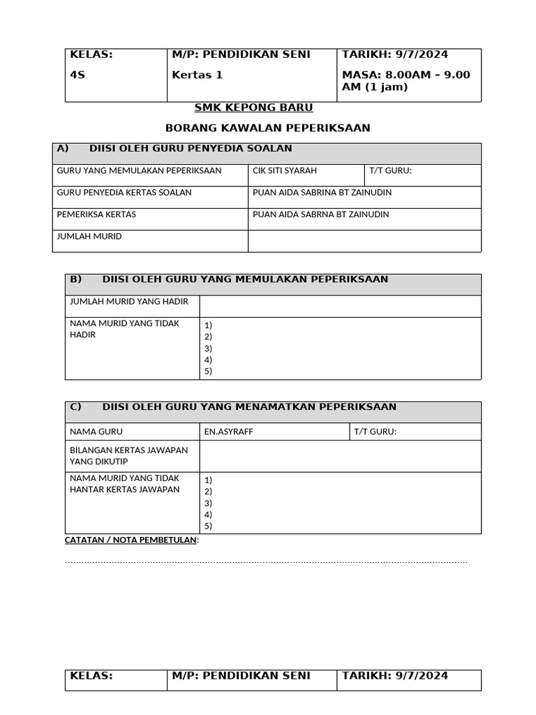 Borang Kawalan Peperiksaan Aida | PDF