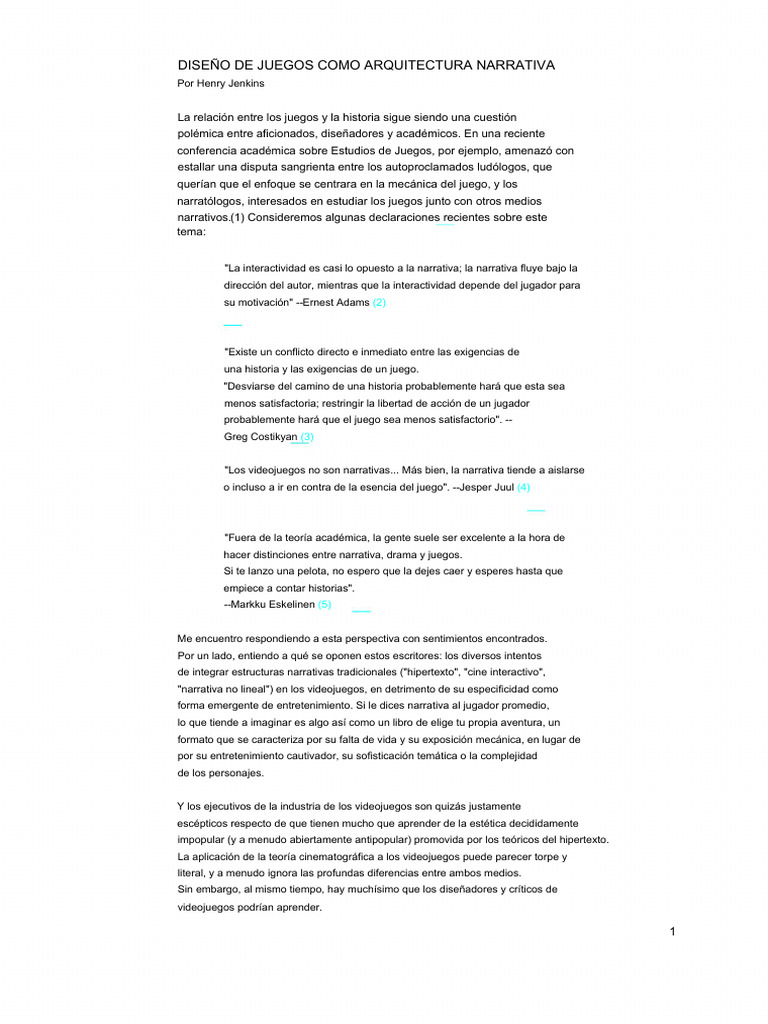 Henry Jenkins Game Design As Narrative Architecture 2 | PDF ...