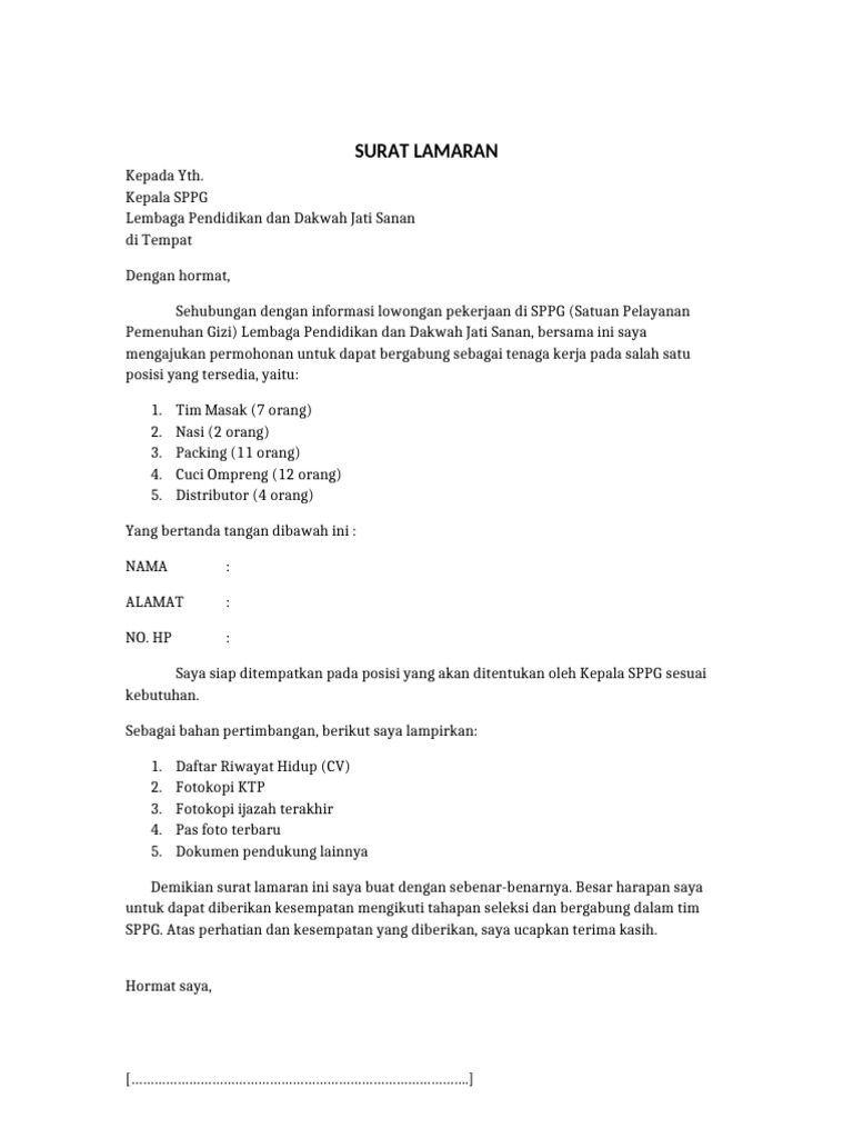 Surat Lamaran Kerja di SPPG Jati Sanan | PDF