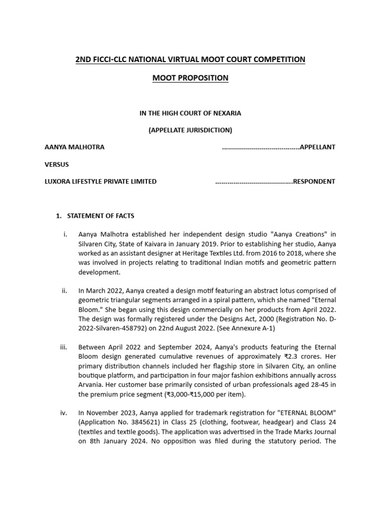 FICCI-CLC Moot: Aanya vs. Luxora Case | PDF | Appeal | Judgment (Law)