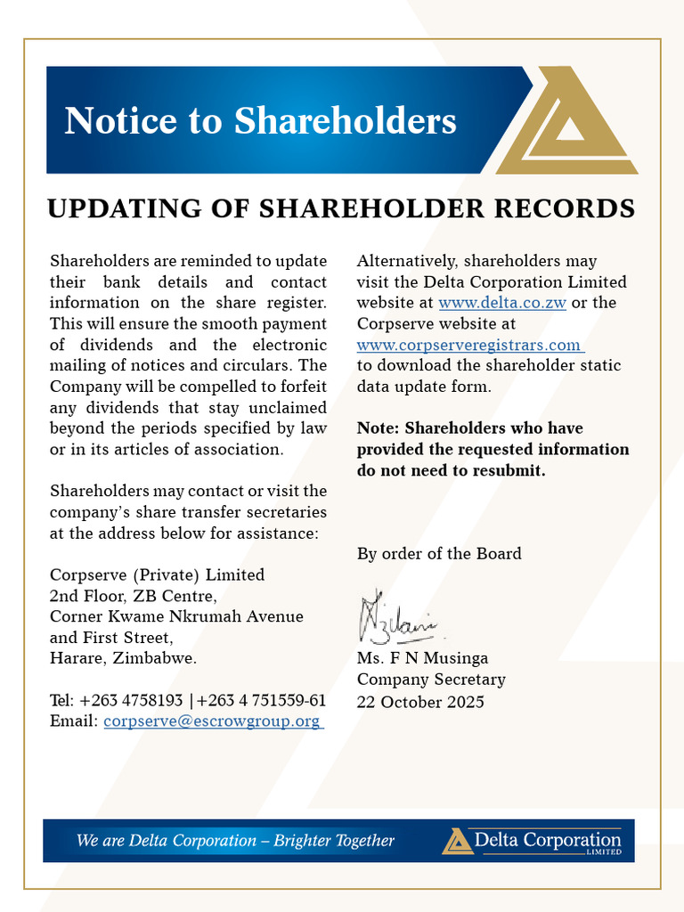 Delta Corporation Notice To Shareholders | PDF