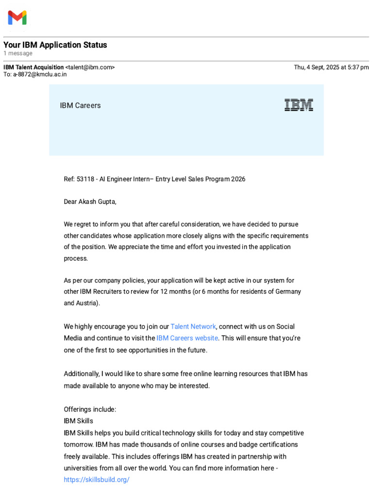 IBM Internship Application Status Update | PDF | Ibm | Computing