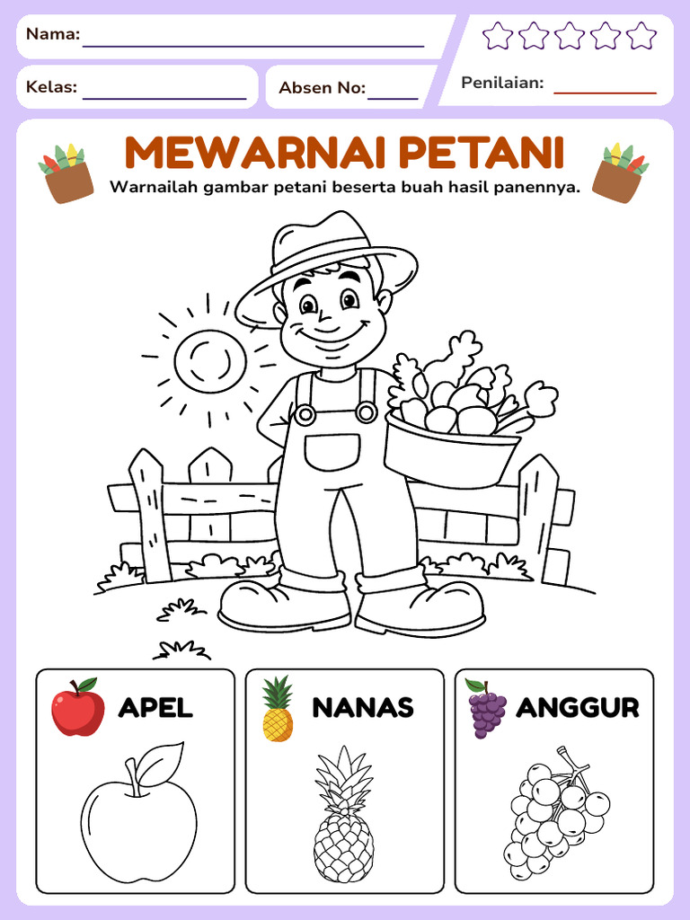 Lembar Kerja Mewarnai Profesi Petani Dalam Gaya Ceria Ungu Muda | PDF