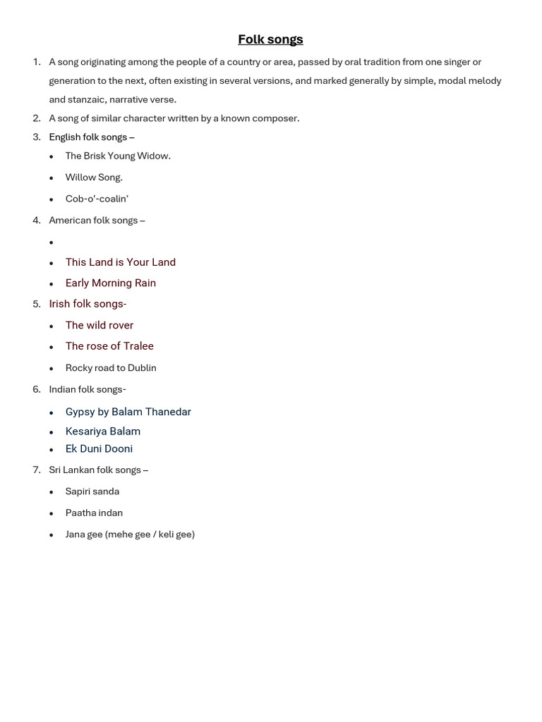 Overview of Global Folk Songs | PDF