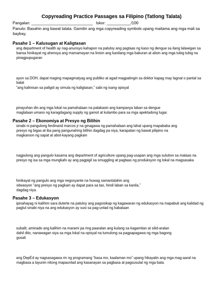 Copyreading Practice Passages Filipino | PDF