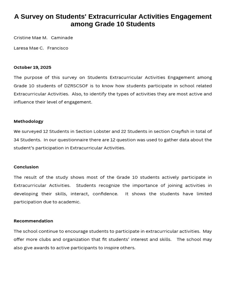 A Survey On Students' Extracurricular Activities Engagement Among Grade ...