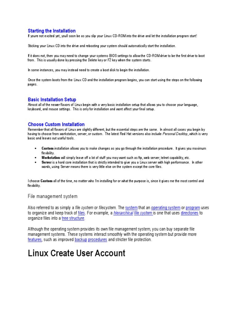 Linux Create User Account Starting The Installation Pdf Linux