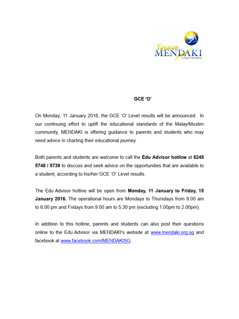 GCE 'O'-Level Guidance Hotline 2016 | PDF