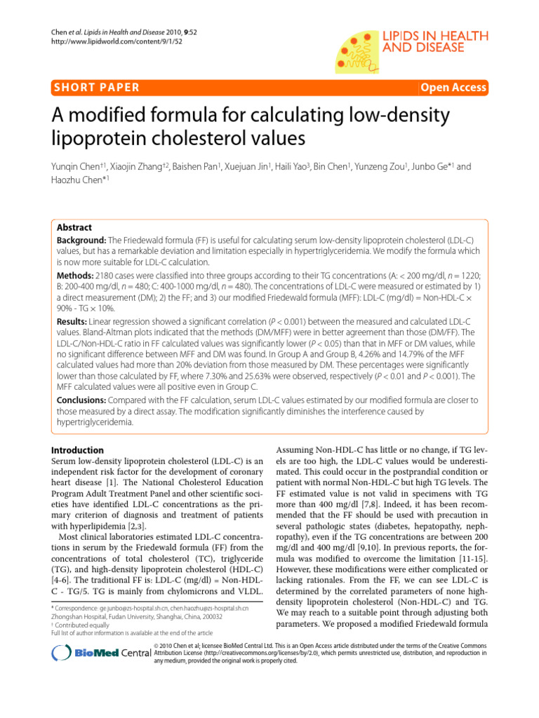 Modified Formula for LDL-C Calculation | PDF | Low Density Lipoprotein ...