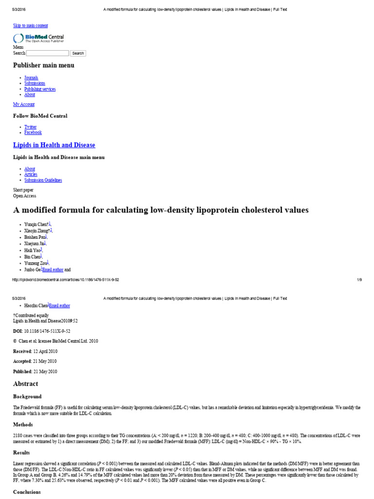 A Modified Formula For Calculating LDL Values - Lipids in Health and ...