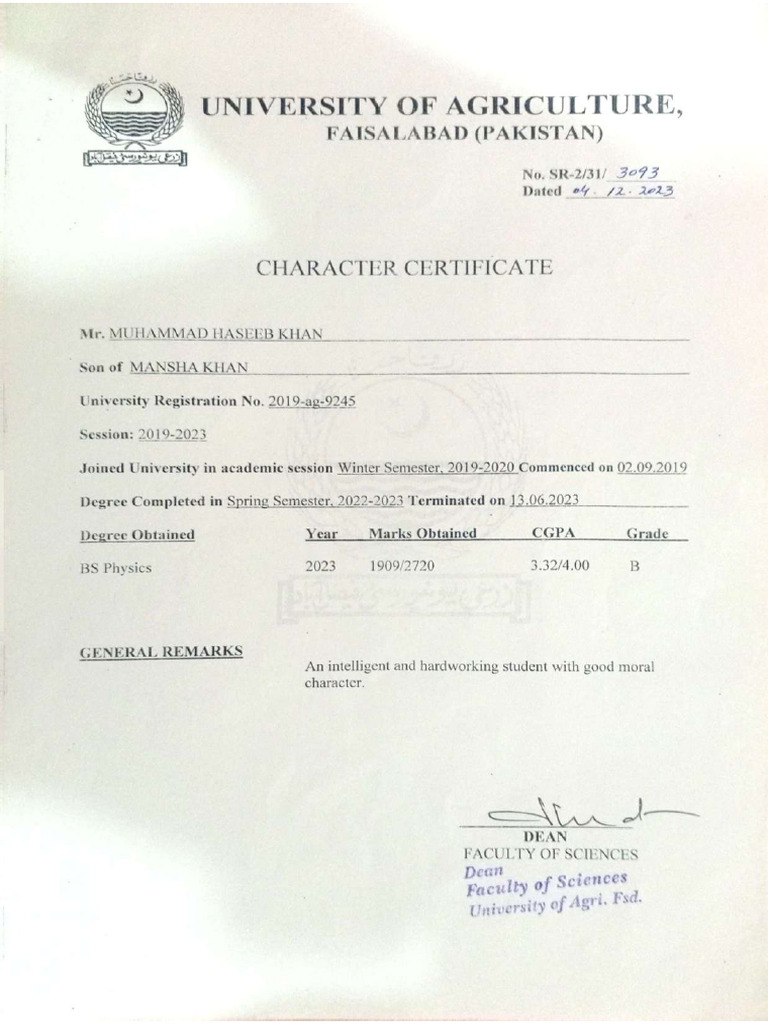 Character Certificate of University of Agriculture Faisalabad Pakistan ...